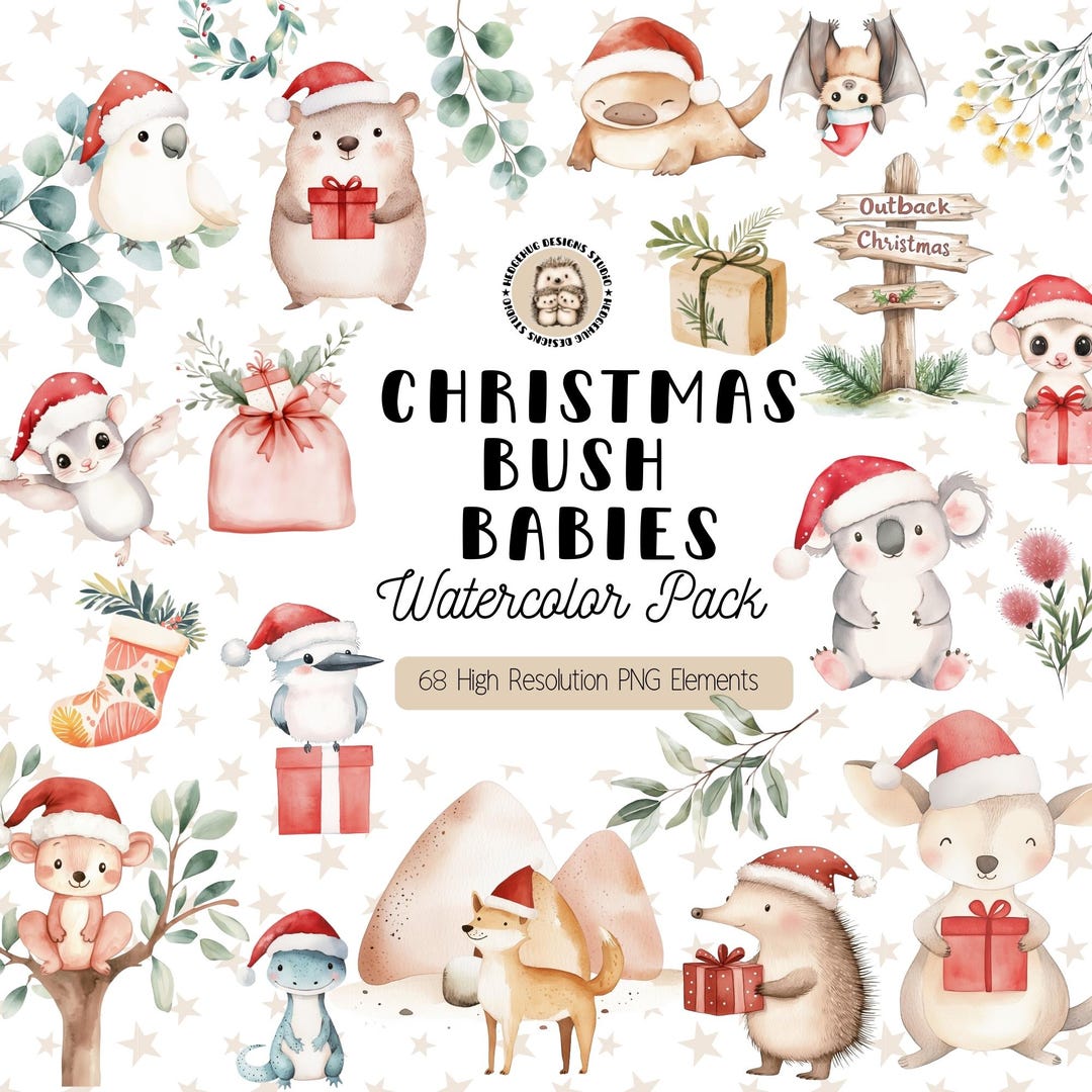 Australian Christmas Clipart, Watercolor Aussie Animals PNG, Animals in ...