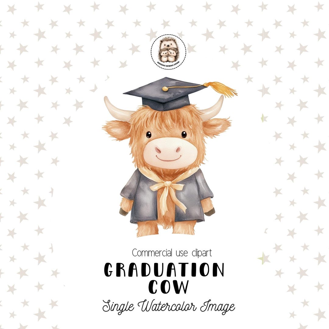 Graduation Cow Clipart, Watercolor Highland Cow Graduate PNG, Cute ...