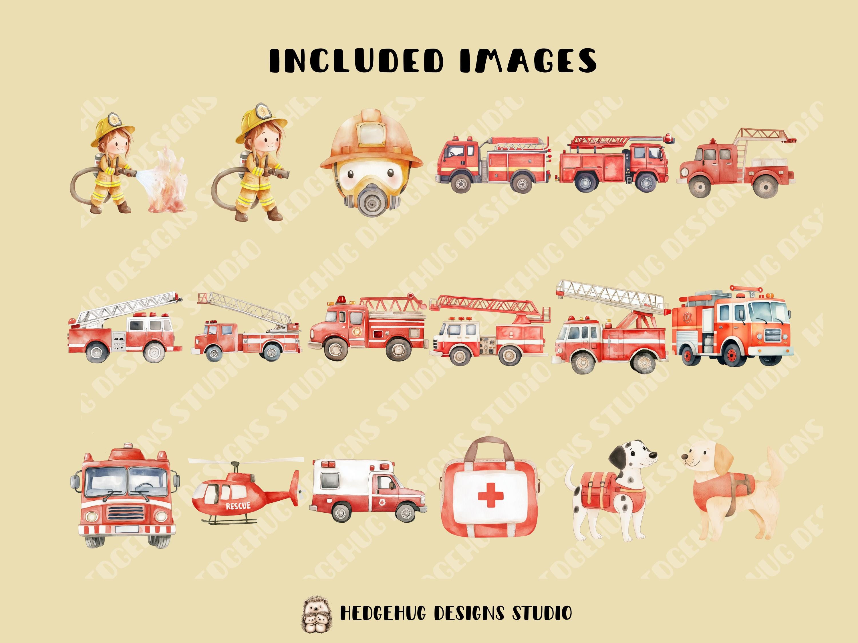 Firefighter Watercolor Clipart, Fire Truck PNG, Fire Engine Digital ...
