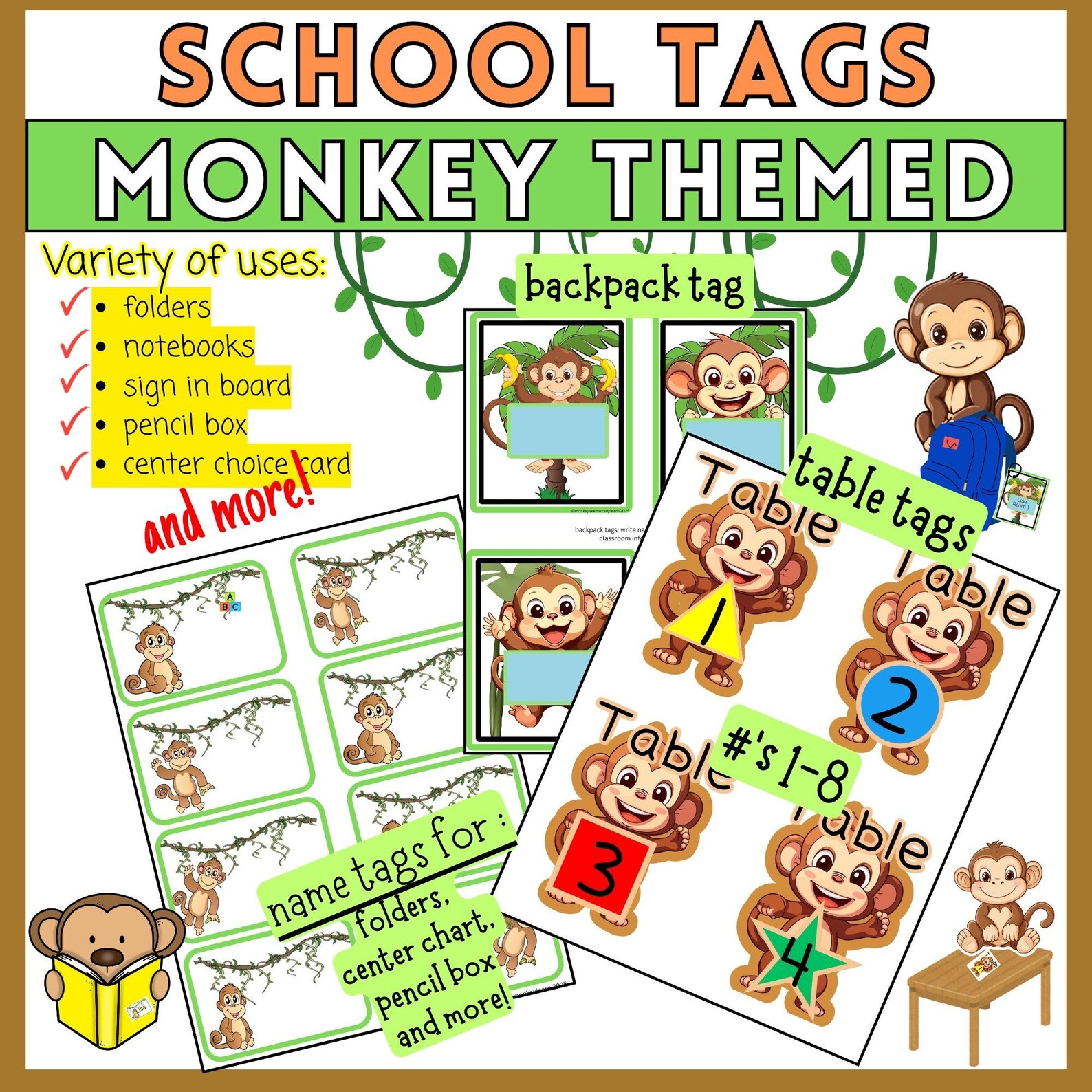 Monkey-themed Name Tags | Cubby, Backpack, Bin & Label Tags for Prek–k ...