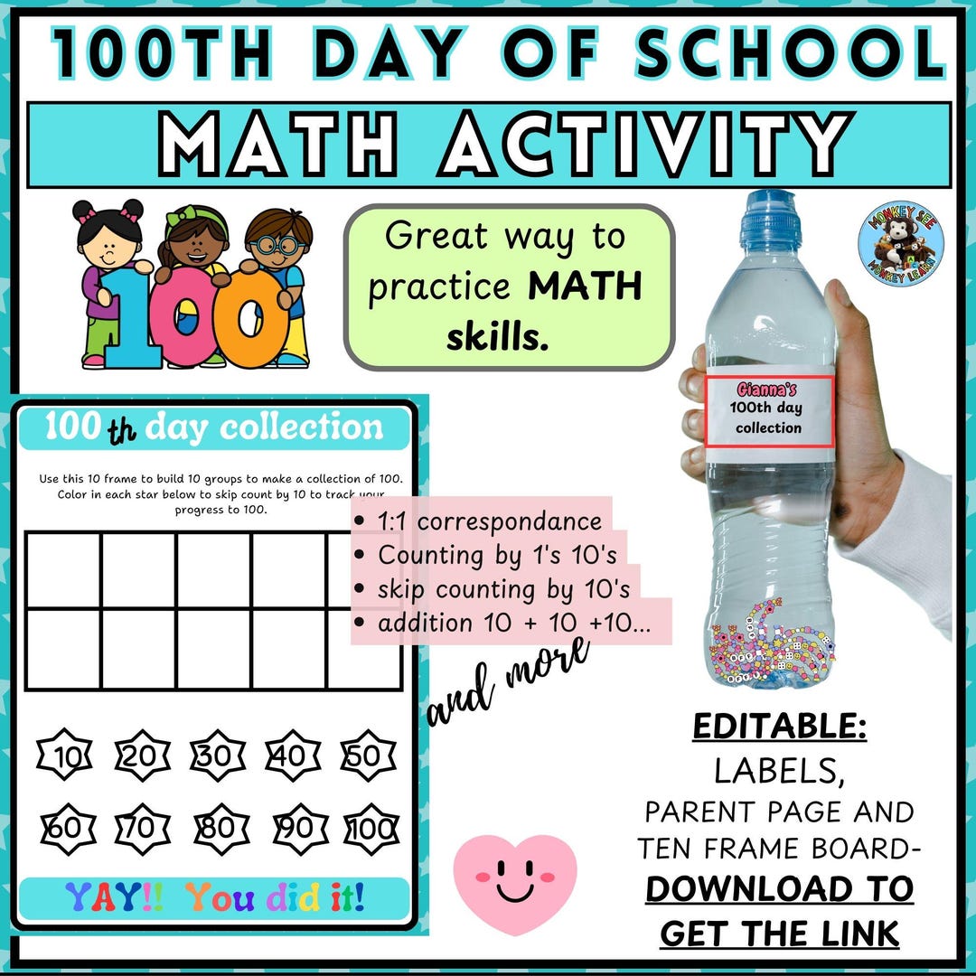 100th Day of School- Math Activity- 100 Item Collection Bottle ...