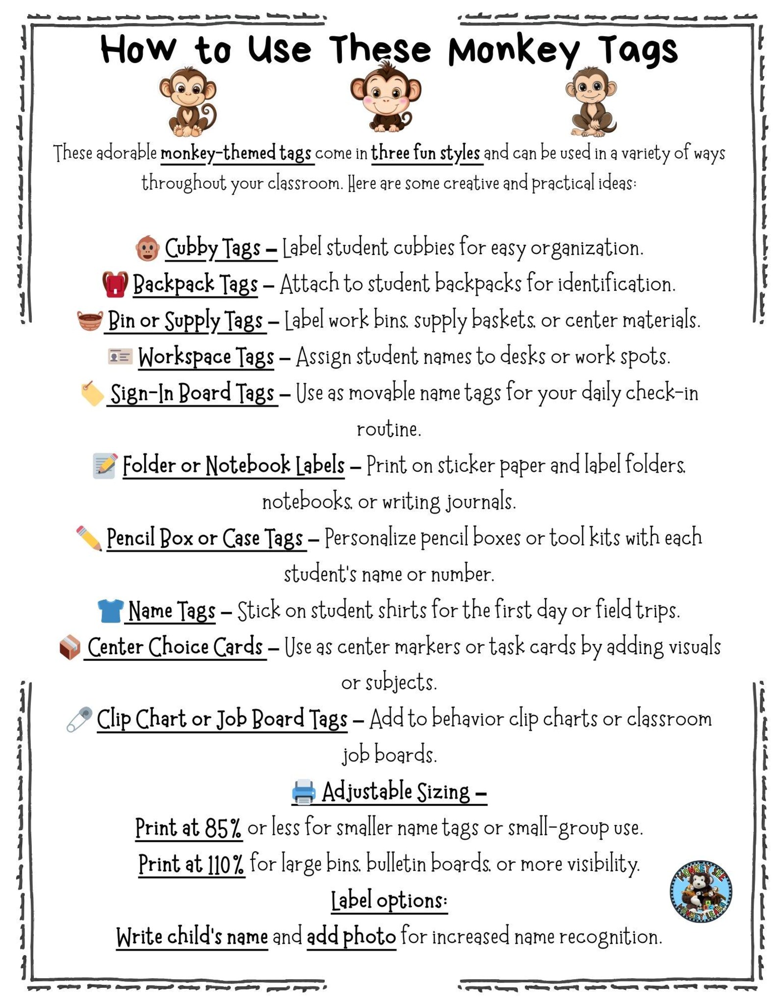 Monkey-themed Name Tags | Cubby, Backpack, Bin & Label Tags for Prek–k ...