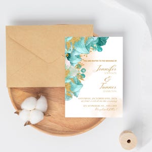 Teal Floral Wedding Invitation, Elegant Wedding Invite, Custom Floral ...