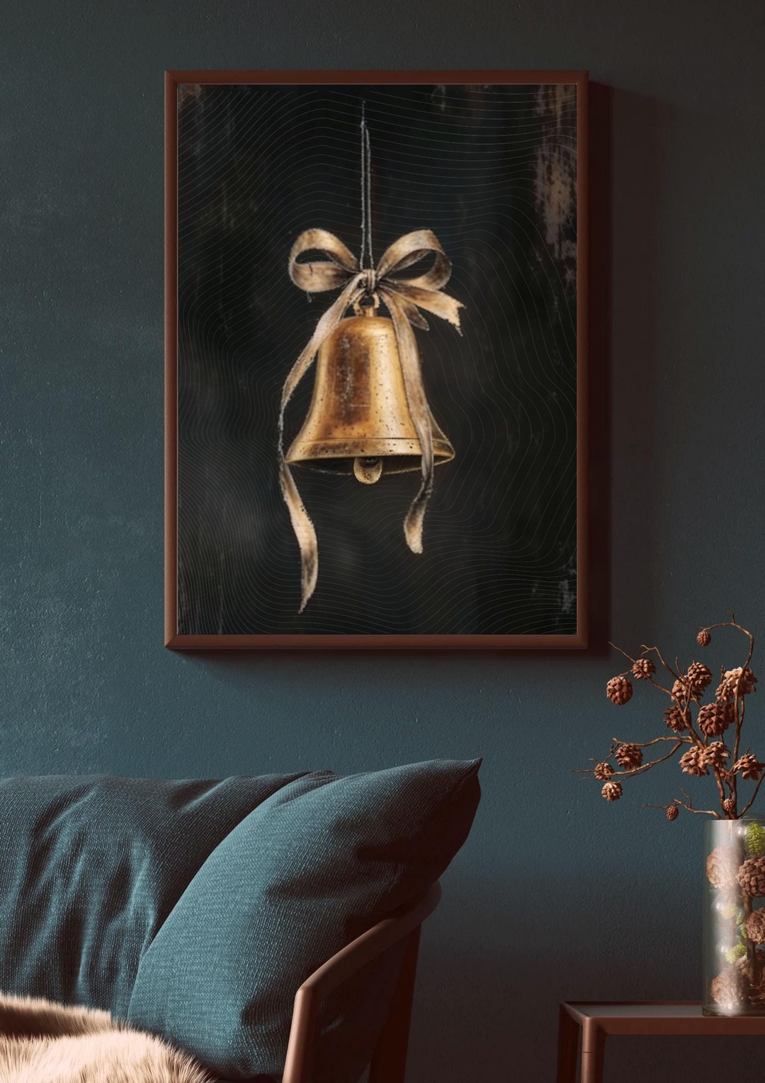 Printable Christmas Bell Art With Pine & Burgundy Ribbon Rustic Modern ...