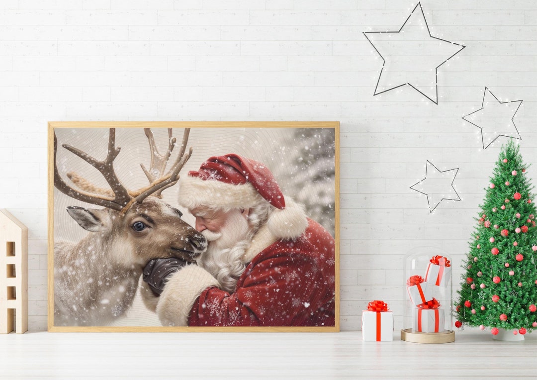 Santa and Reindeer Heartwarming Art Vintage Santa Reindeer Print Rustic ...