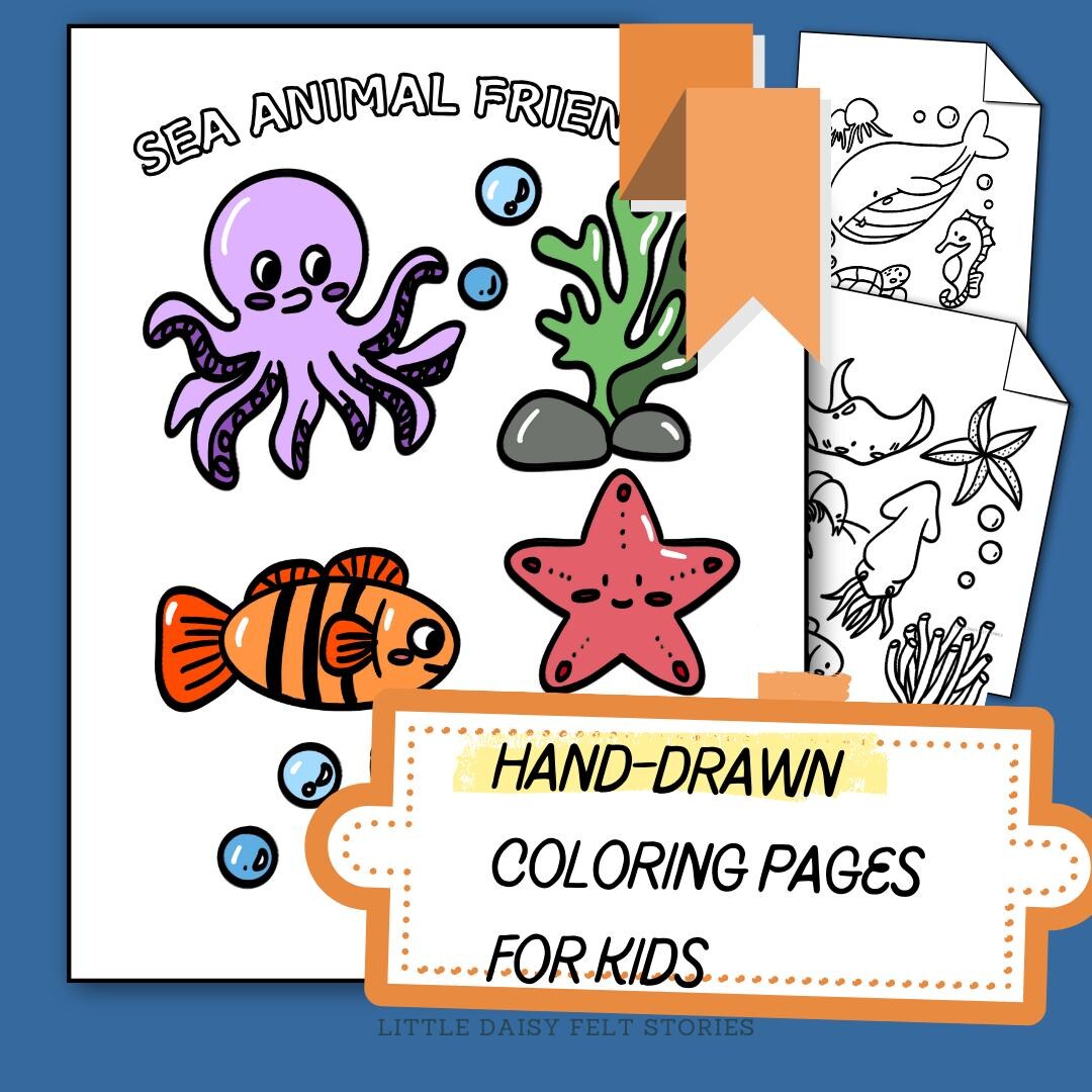 Sea Animal Coloring Pages for Kids, Hand-drawn Printable Art Activity ...
