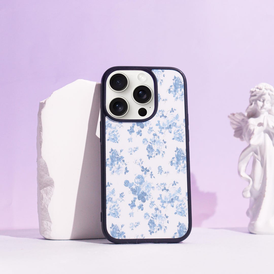 Blue Floral Pattern Aesthetic Personalized iPhone Case for iPhone 16 ...