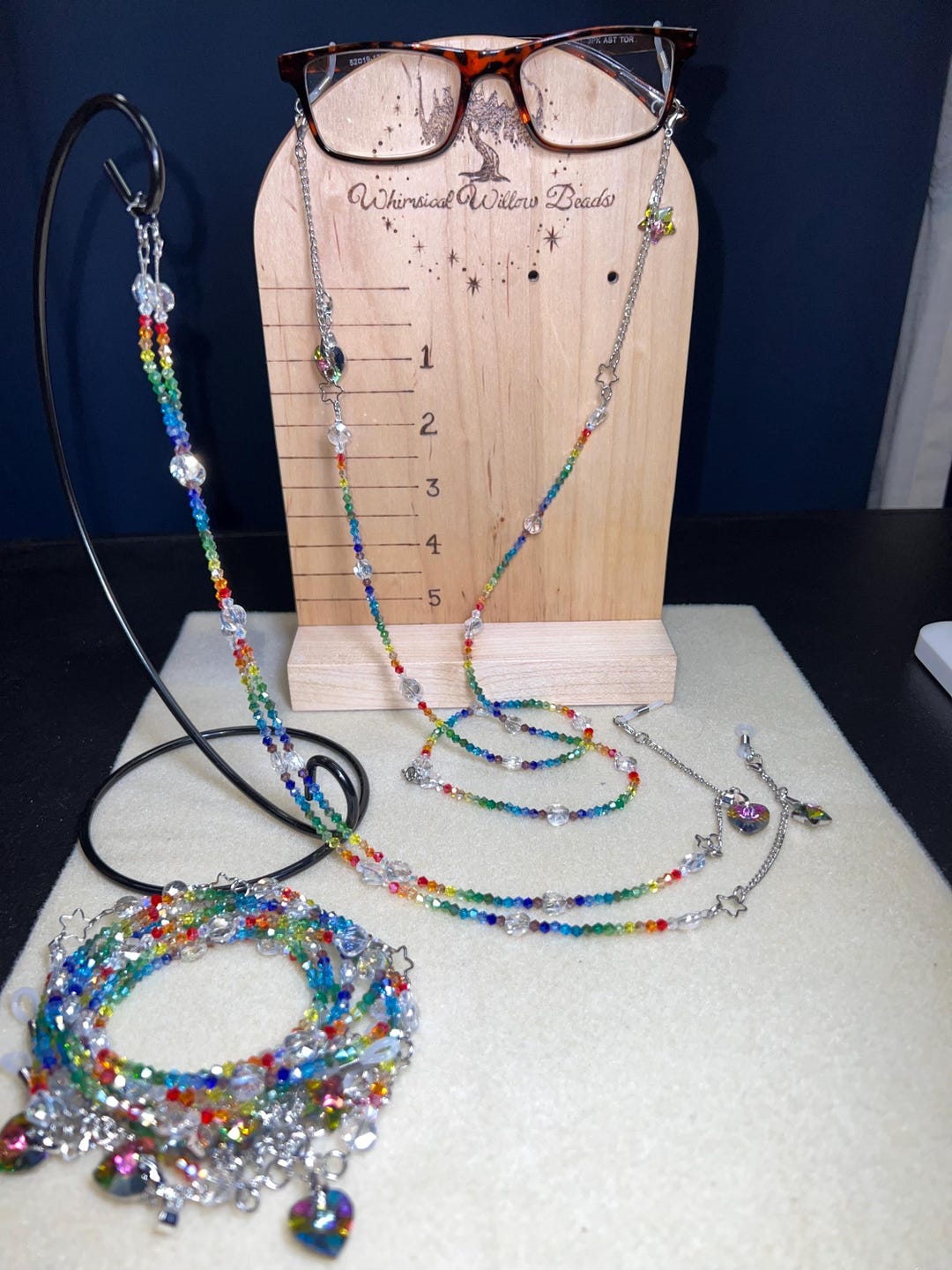 Beaded Eyeglass Chain - Rainbow Pattern With Clear and Metal Accents in ...