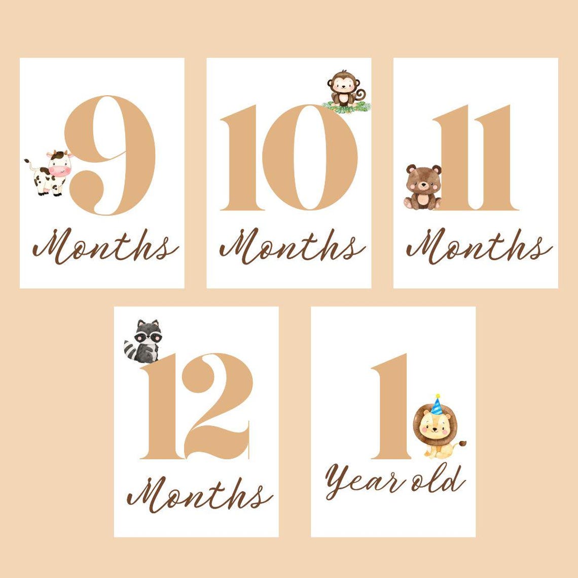 Baby Monthly Milestone Card for Baby in Beige, Baby Animal, Printable ...