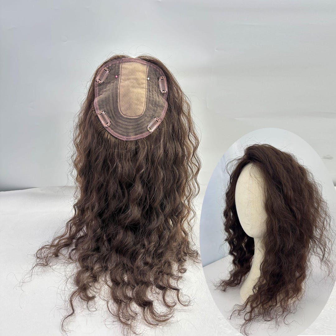 16x16cm Chocolate Brown Small Curly Silk Center Part Human Hair Topper ...