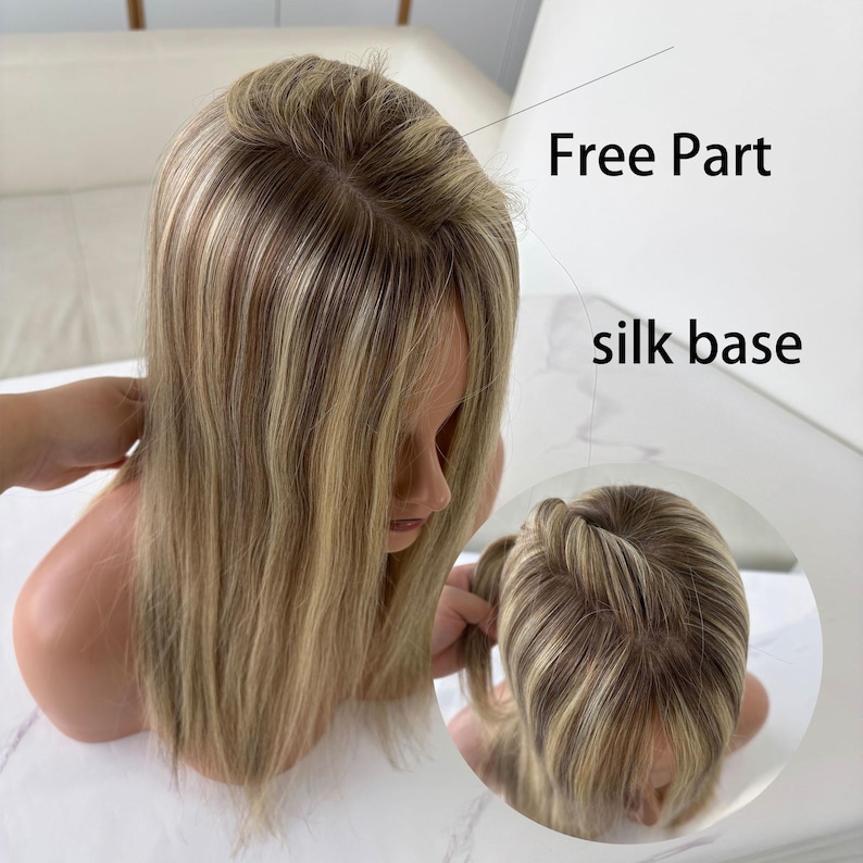 8×8" Virgin Human Hair Topper 4×4 Silk Base, Free Part Butter Blonde ...