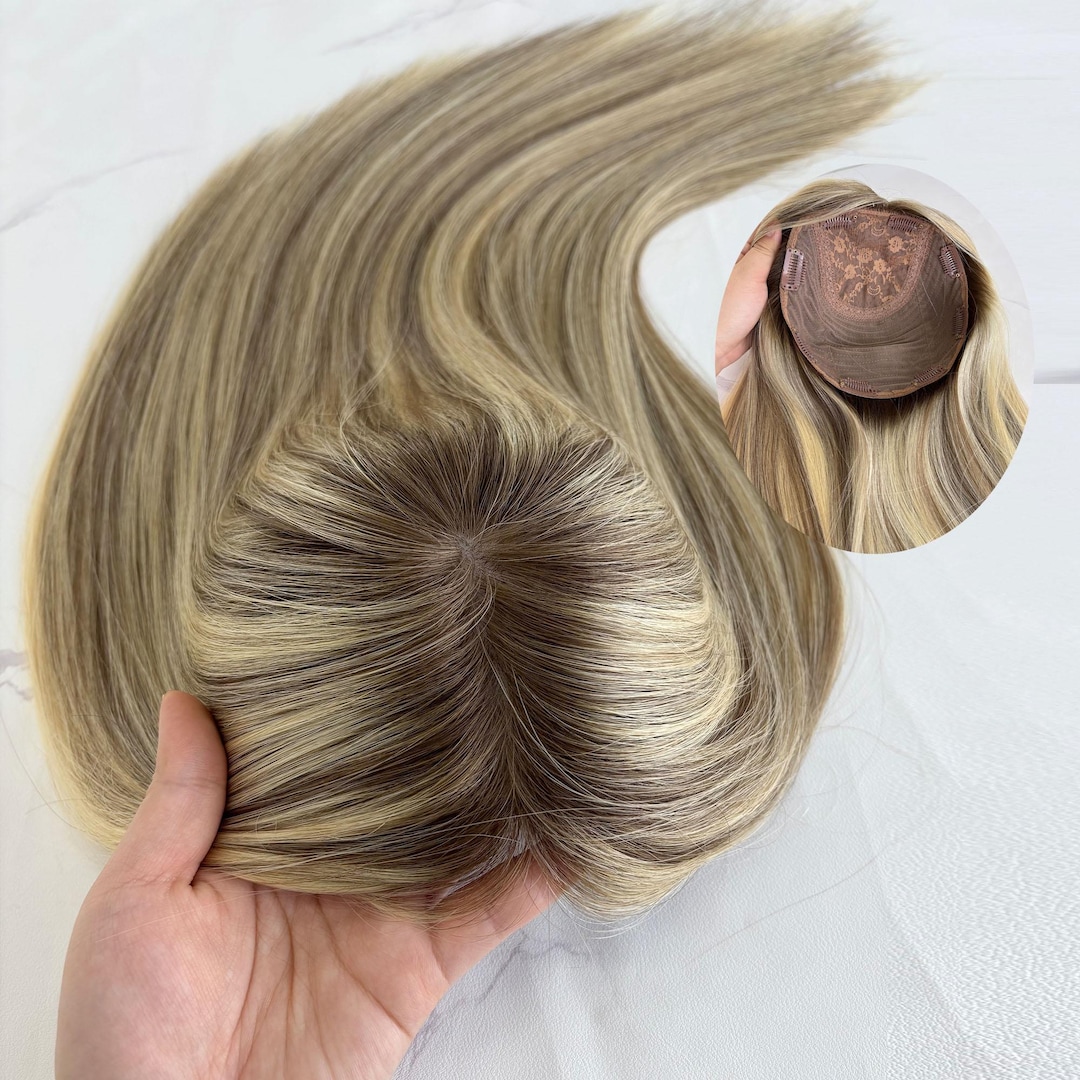 8×8" Virgin Human Hair Topper 4×4 Silk Base, Free Part Butter Blonde ...