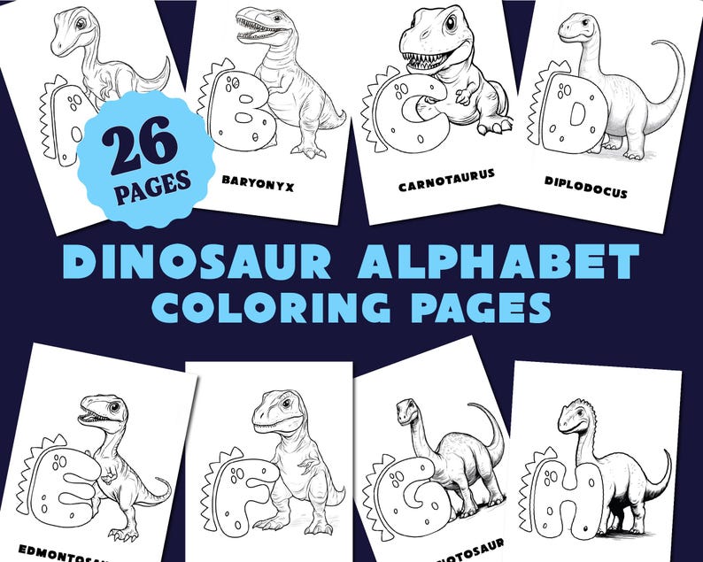Dinosaur Alphabet Coloring Sheets, 26 Cute Dino Illustrations ...