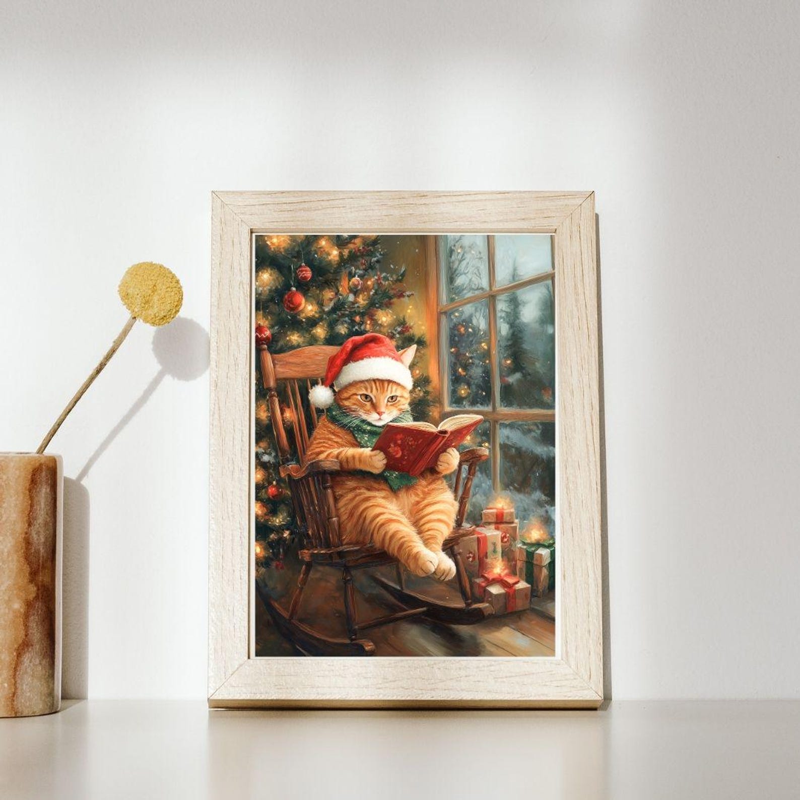 Christmas Cat Reading Under Tree, Cute Holiday Wall Art Digital ...