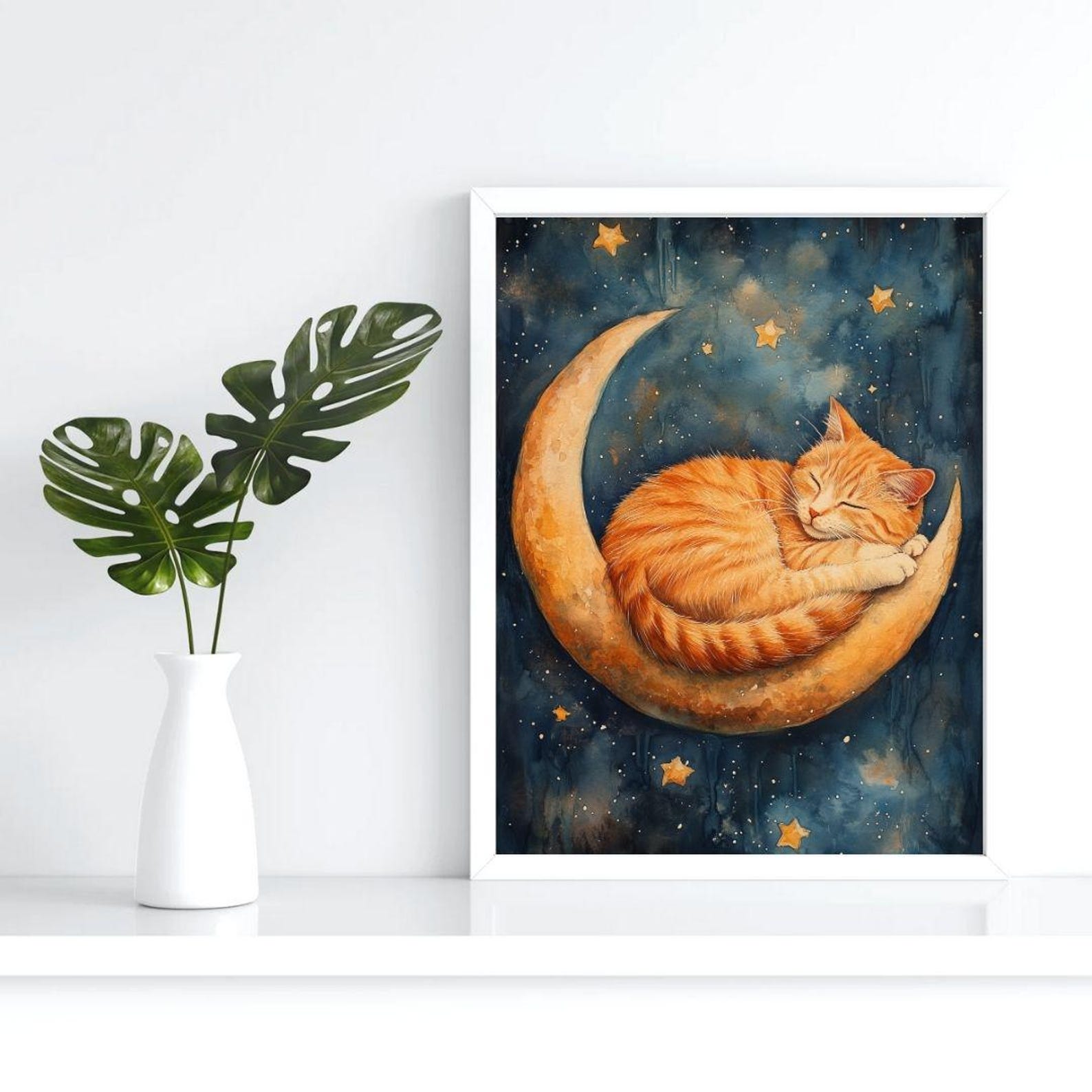 Sleeping Cat on Crescent Moon Digital File, Dreamy Night Sky Cat Art ...