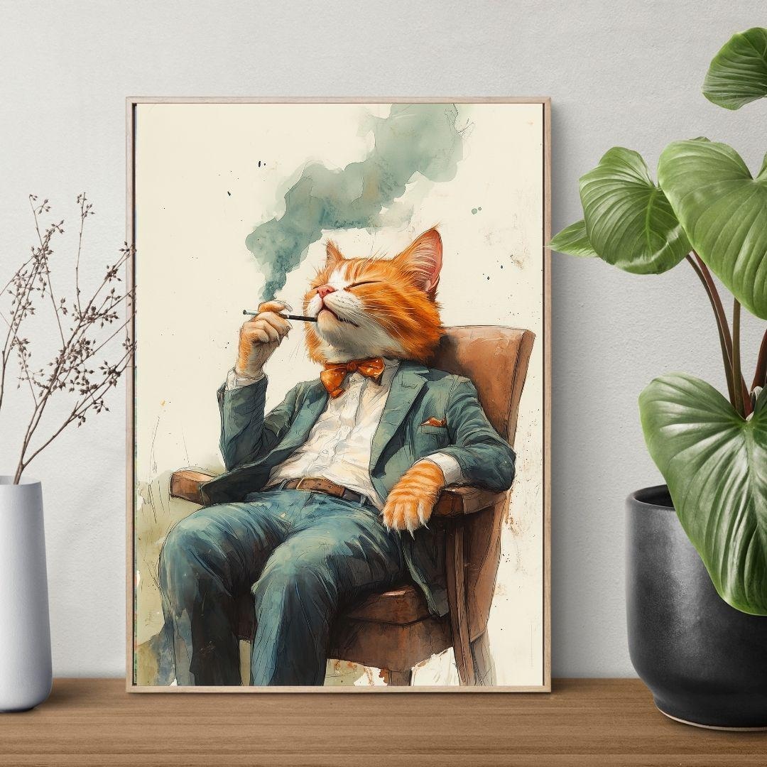 Cool Orange Cat Smoking Art Print, Retro Feline Wall Art Digital ...