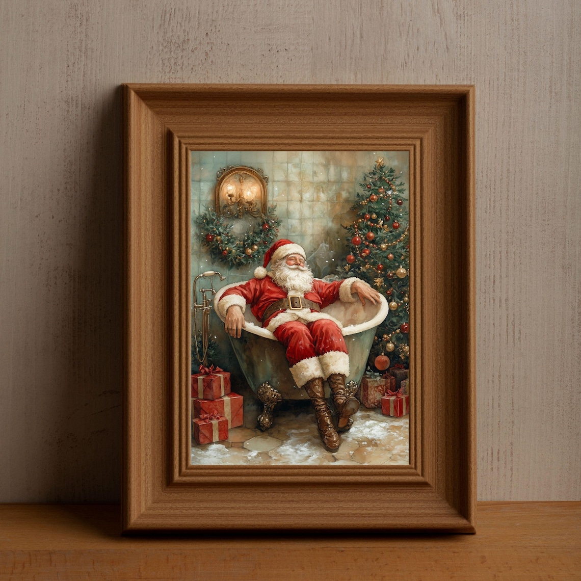 Vintage Santa Claus Wall Art Digital Download, Retro Christmas Bathtub ...