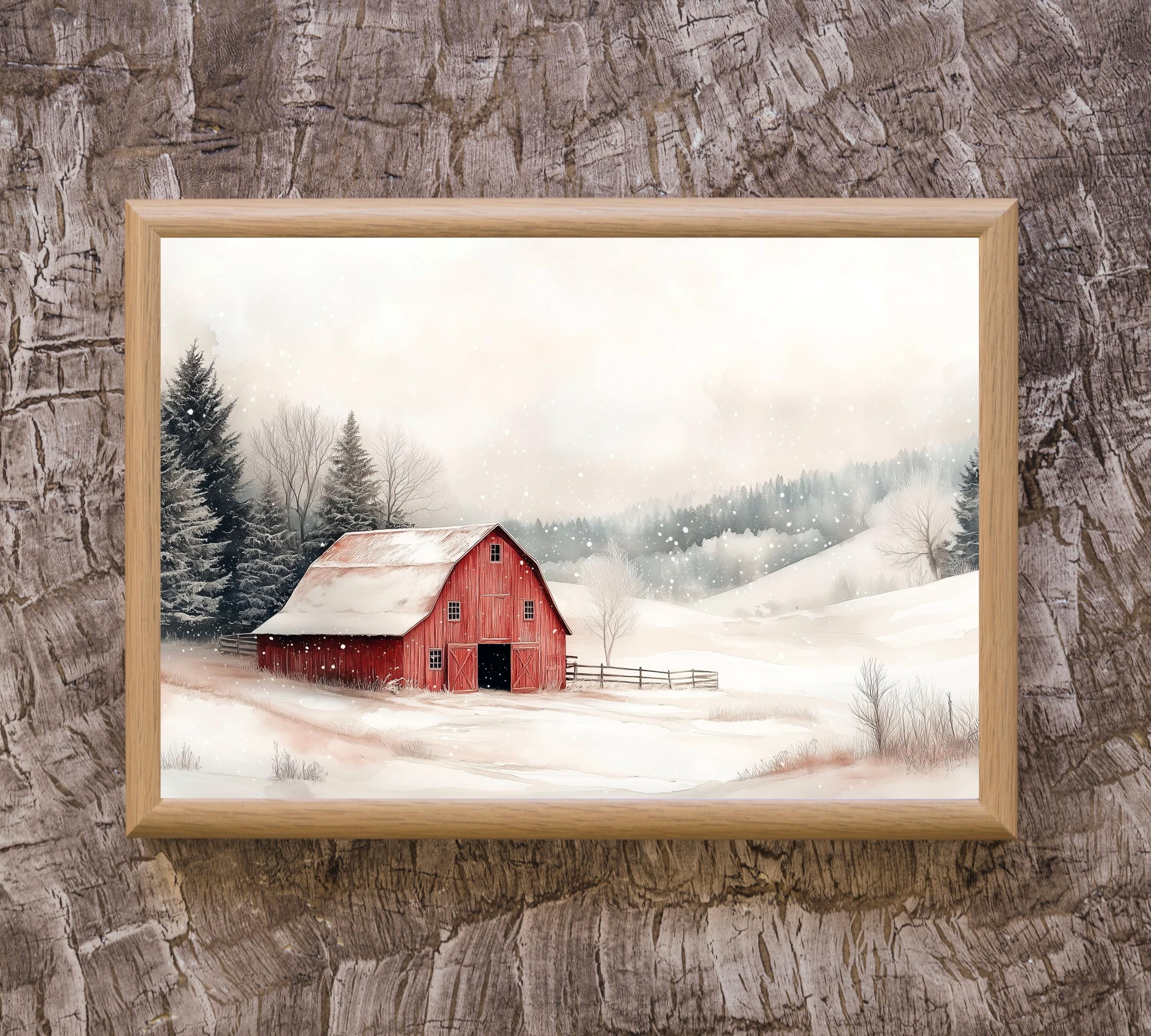 Red Barn Winter Scene Wall Art, Rustic Christmas Farmhouse Digital ...