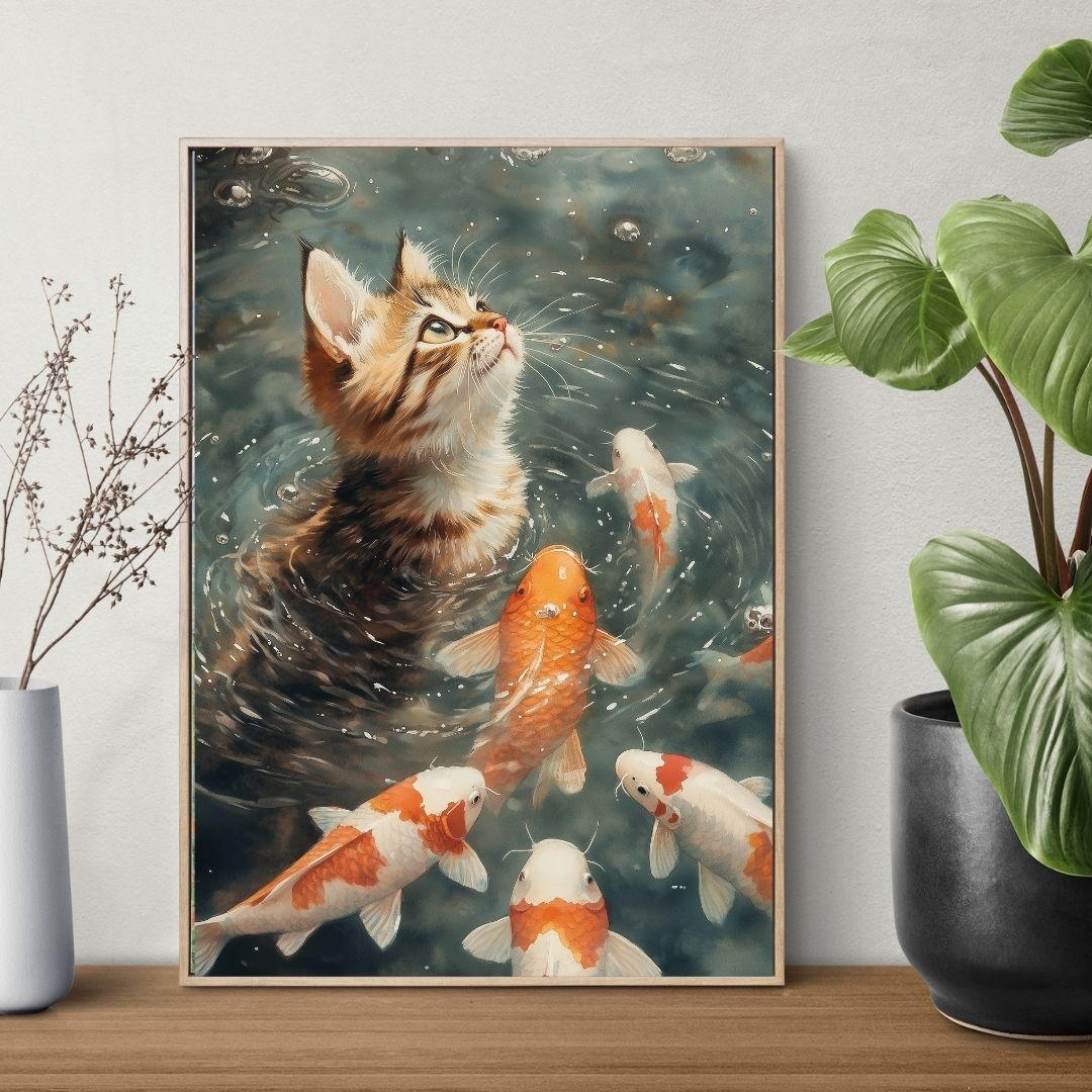 Cat and Koi Fish Watercolor Art Print - Playful Cat With Koi in Pond ...