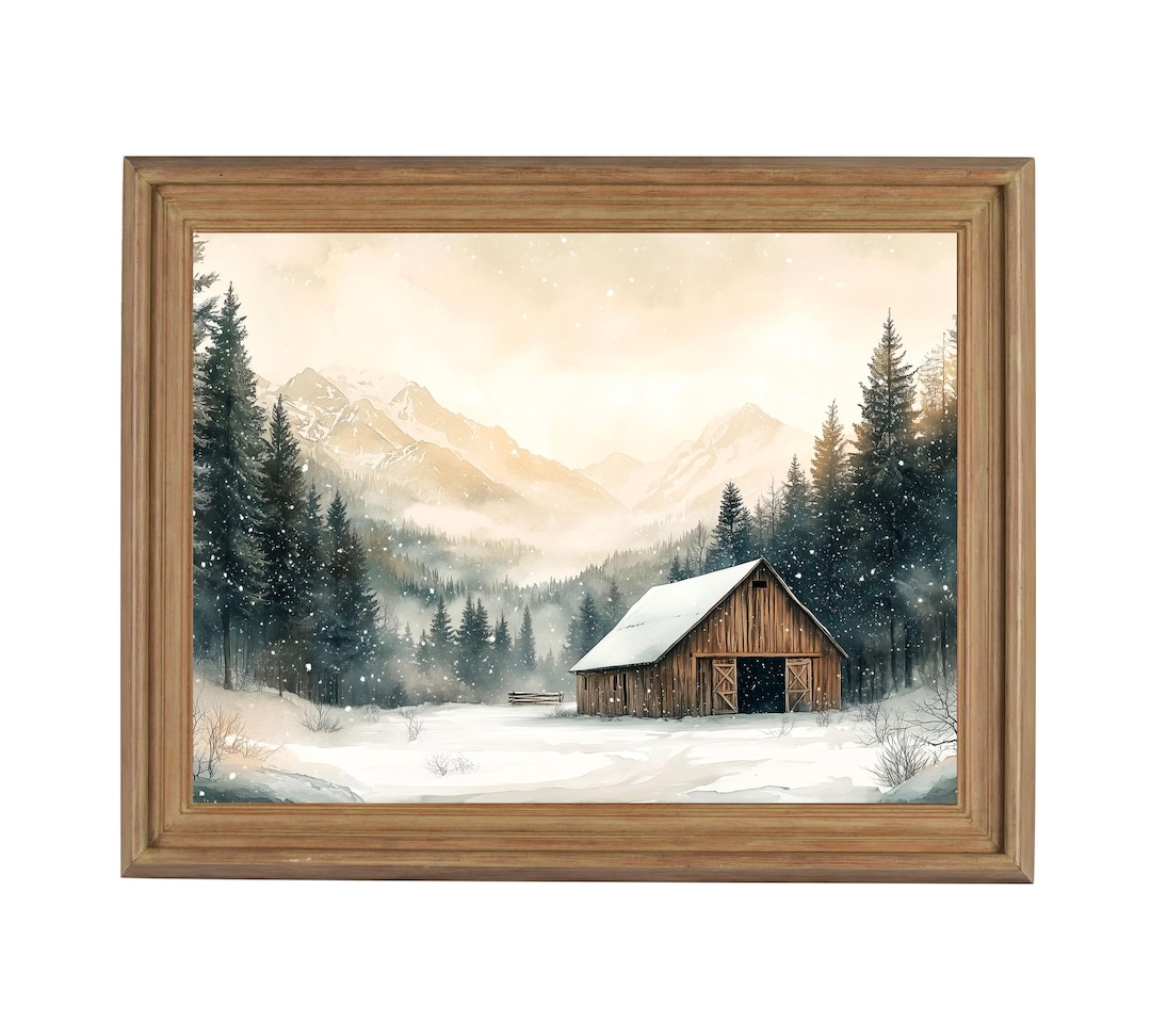 Rustic Winter Cabin in Snowy Mountains - Digital Wall Art Download ...