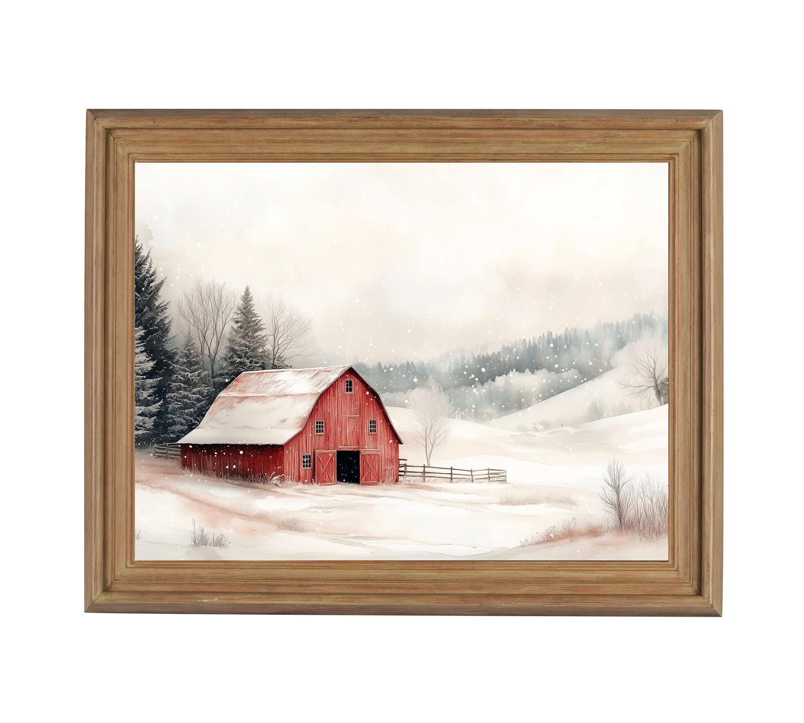 Red Barn Winter Scene Wall Art, Rustic Christmas Farmhouse Digital ...