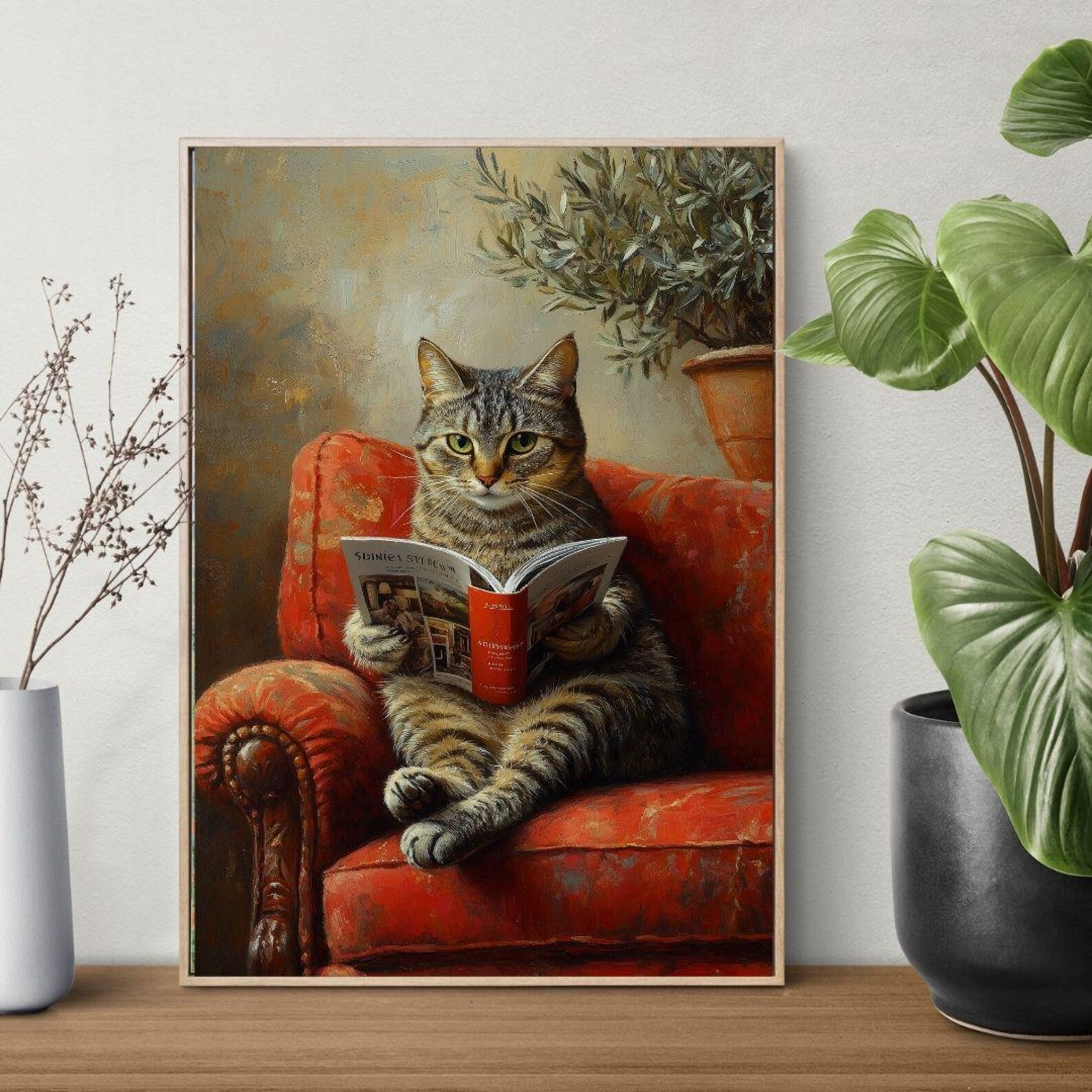 Tabby Cat Reading on a Red Couch Digital Wall Art, Charming Tabby Cat ...