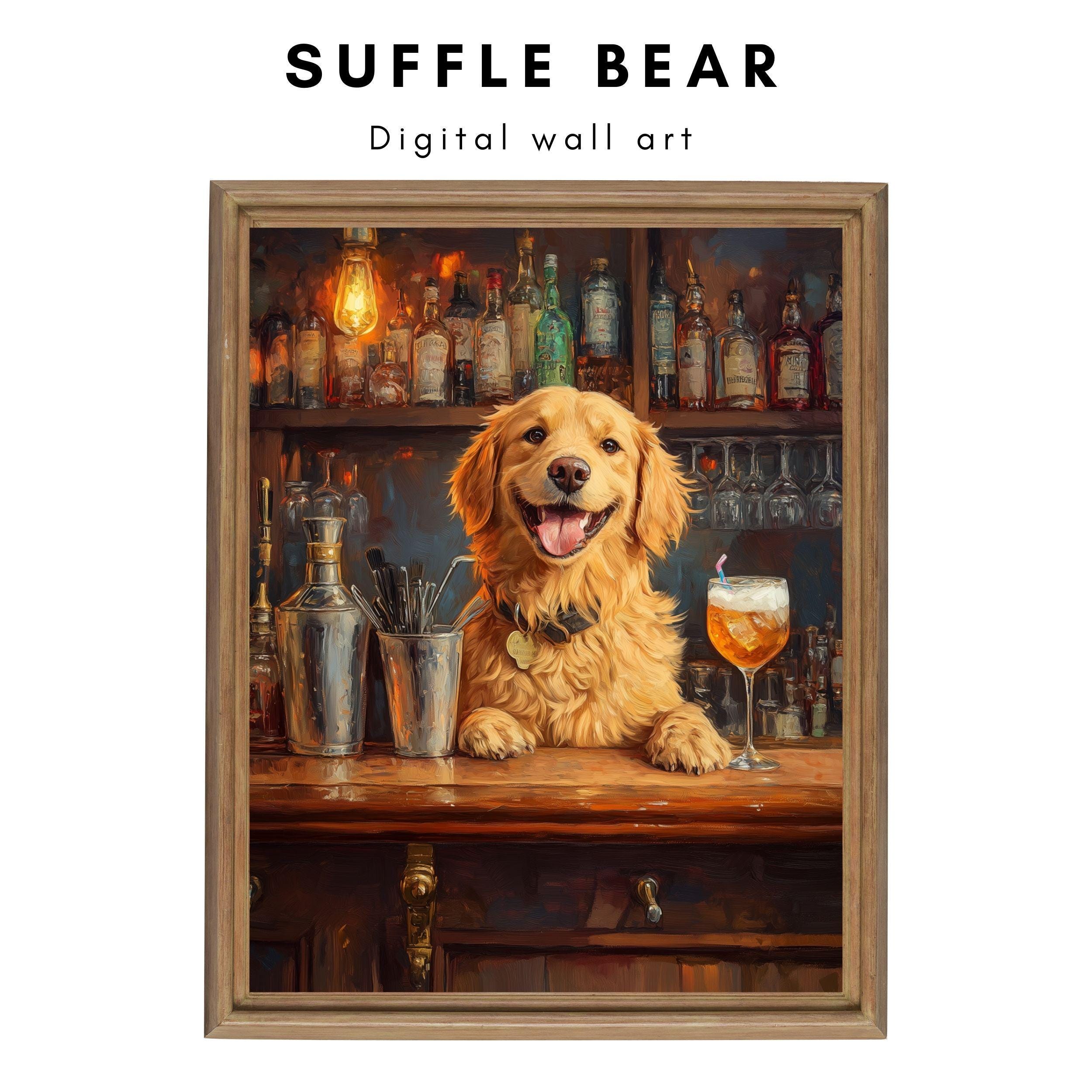 Golden Retriever Bartender Wall Art - Funny Dog Bar Scene Digital ...
