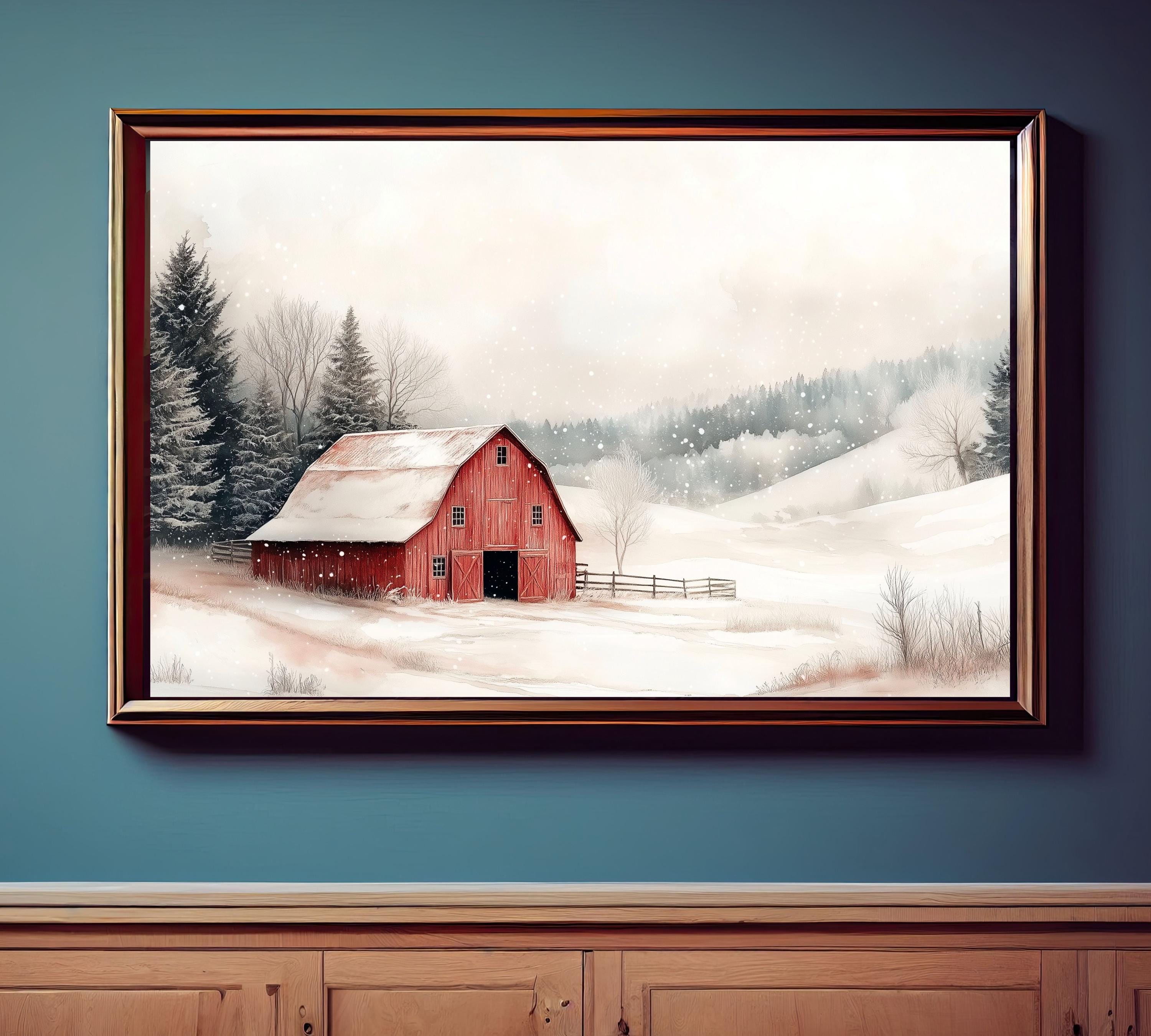 Red Barn Winter Scene Wall Art, Rustic Christmas Farmhouse Digital ...