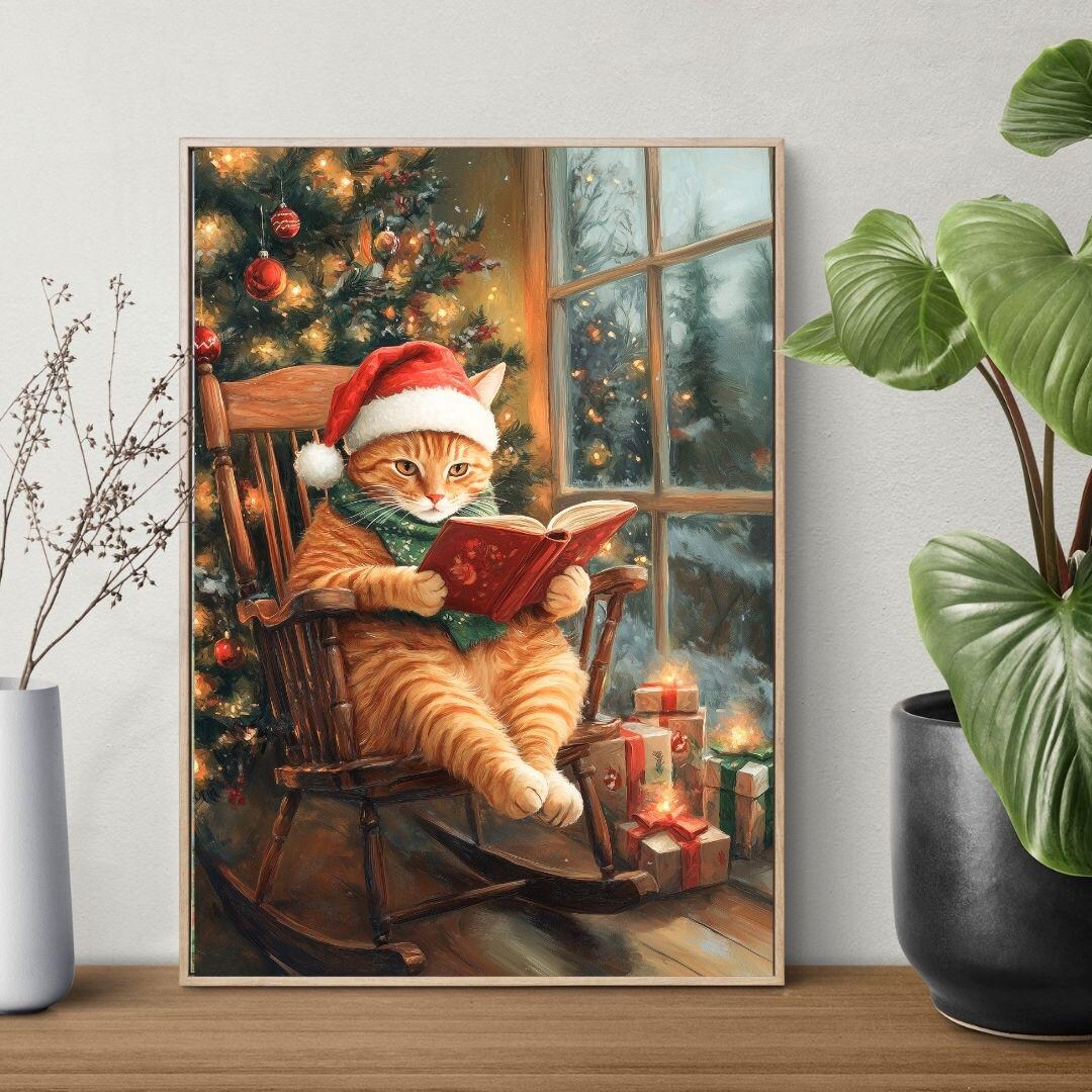 Christmas Cat Reading Under Tree, Cute Holiday Wall Art Digital ...