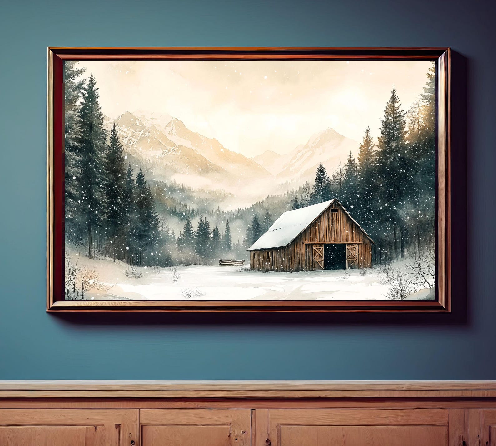 Rustic Winter Cabin in Snowy Mountains - Digital Wall Art Download ...