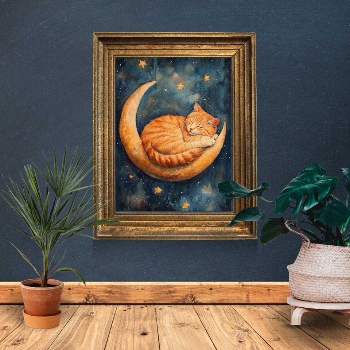Sleeping Cat on Crescent Moon Digital File, Dreamy Night Sky Cat Art ...