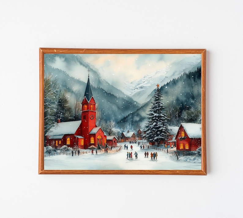 Watercolor Christmas Village Wall Art, Cozy Winter Scene Digital ...