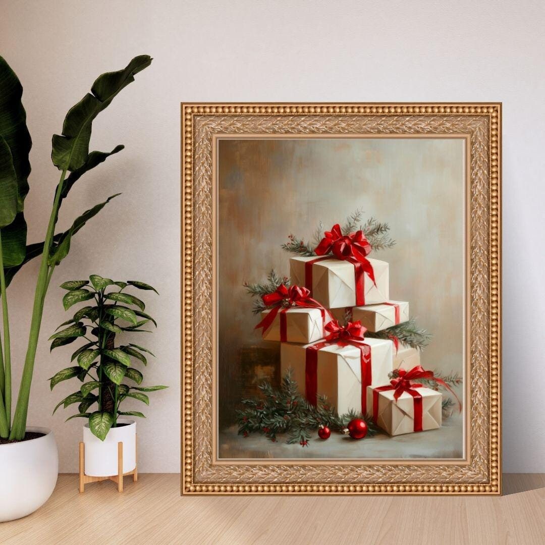 Christmas Gift Boxes Stack Holiday Wall Art Digital Download, Whimsical ...