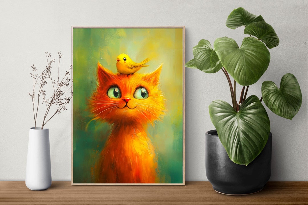 Watercolor Orange Cat With Yellow Bird Art Print, Cute Watercolor ...