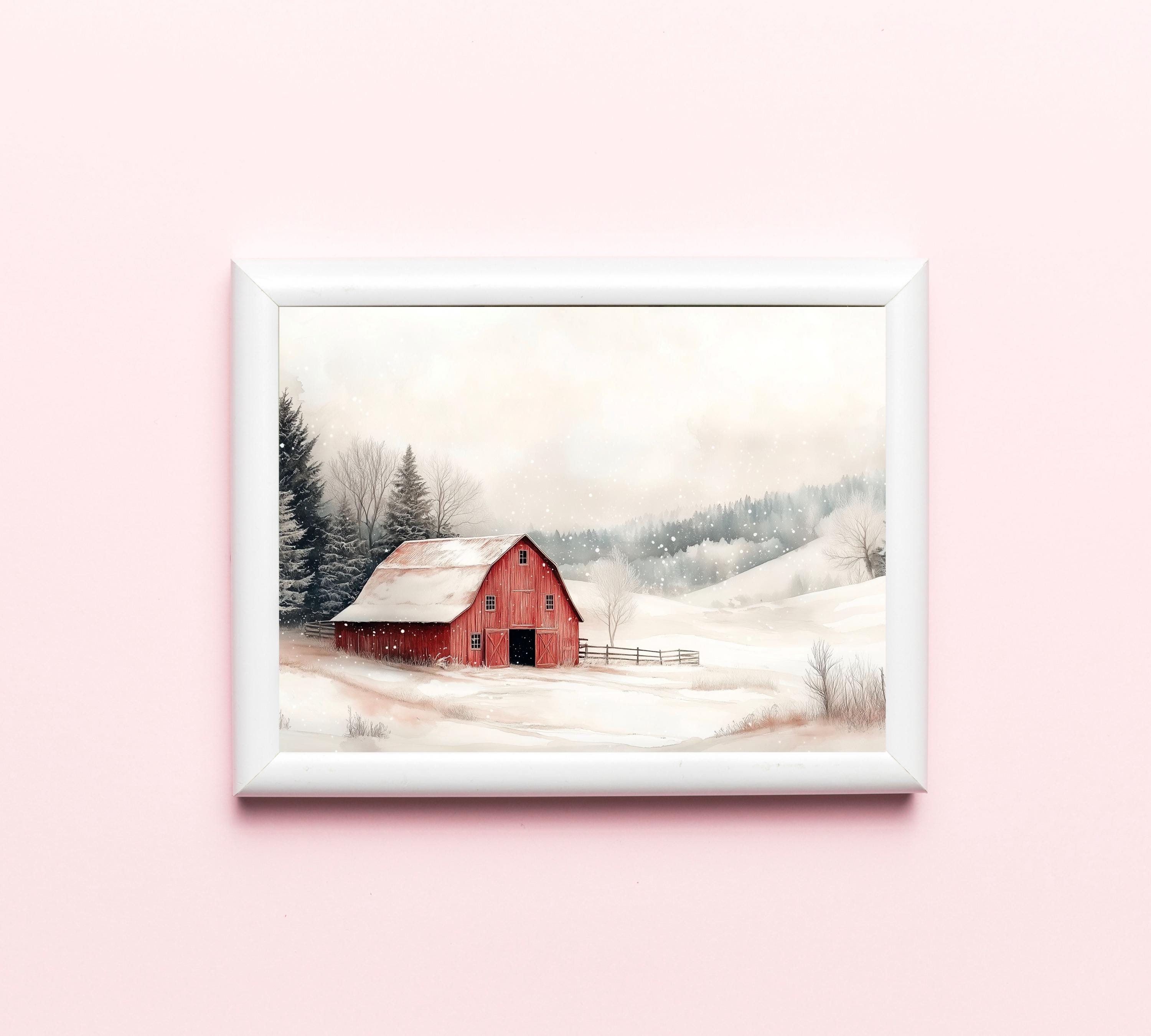 Red Barn Winter Scene Wall Art, Rustic Christmas Farmhouse Digital ...
