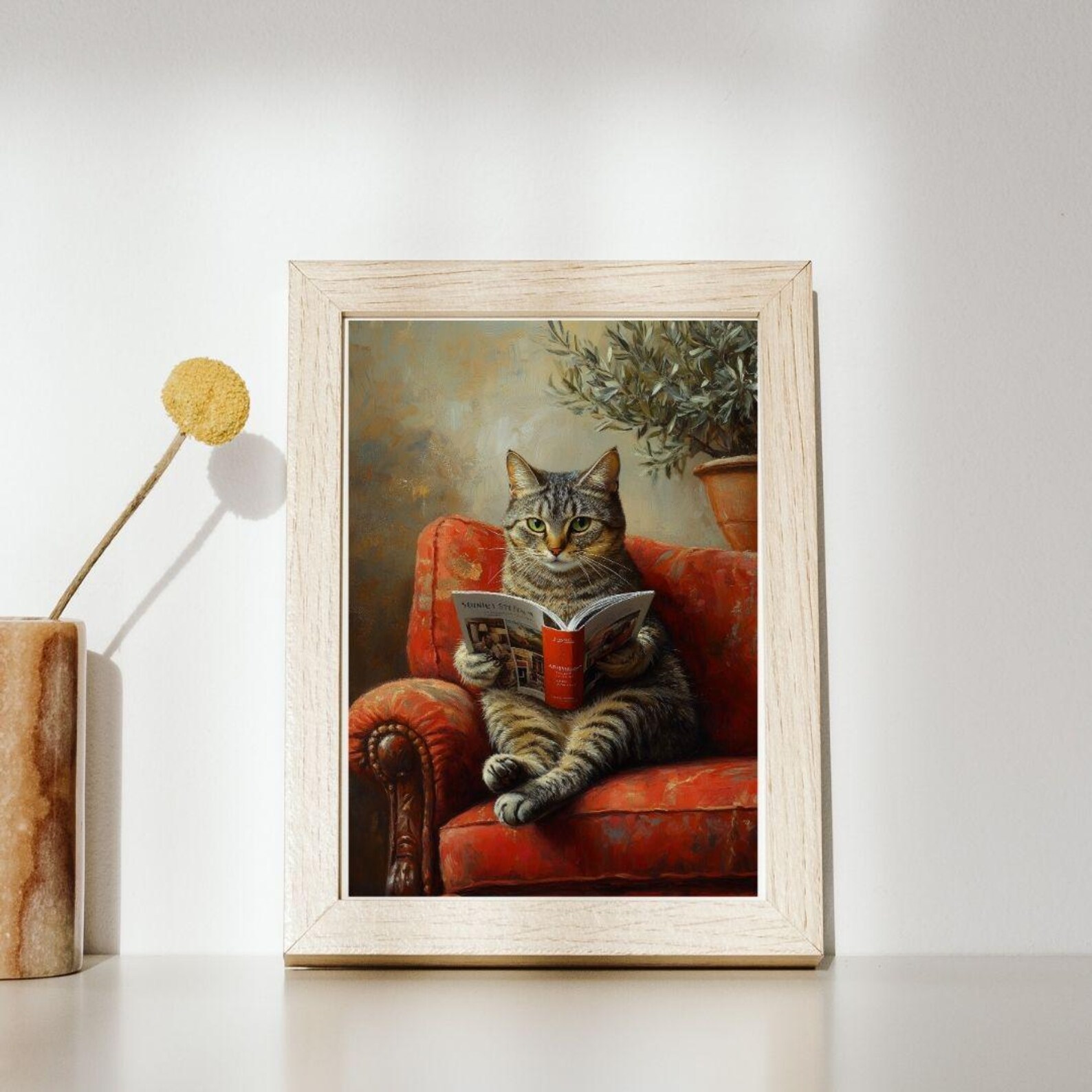 Tabby Cat Reading on a Red Couch Digital Wall Art, Charming Tabby Cat ...