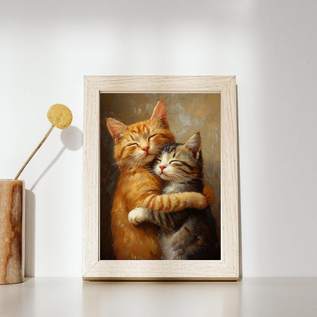 Orange Tabby and Gray Tabby Cat Cuddle Art - Watercolor Wall Art ...