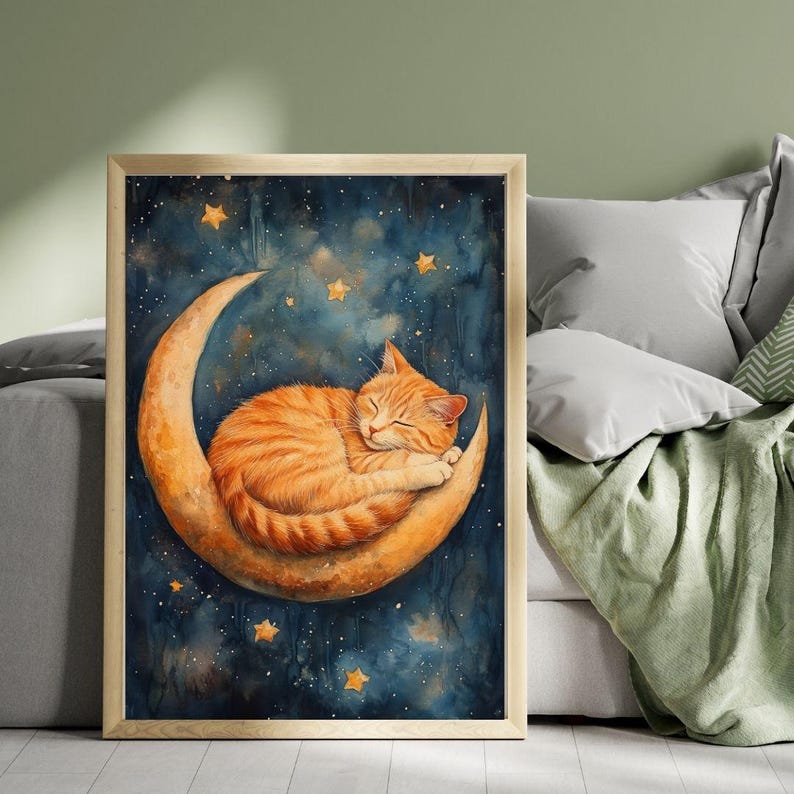 Sleeping Cat on Crescent Moon Digital File, Dreamy Night Sky Cat Art ...