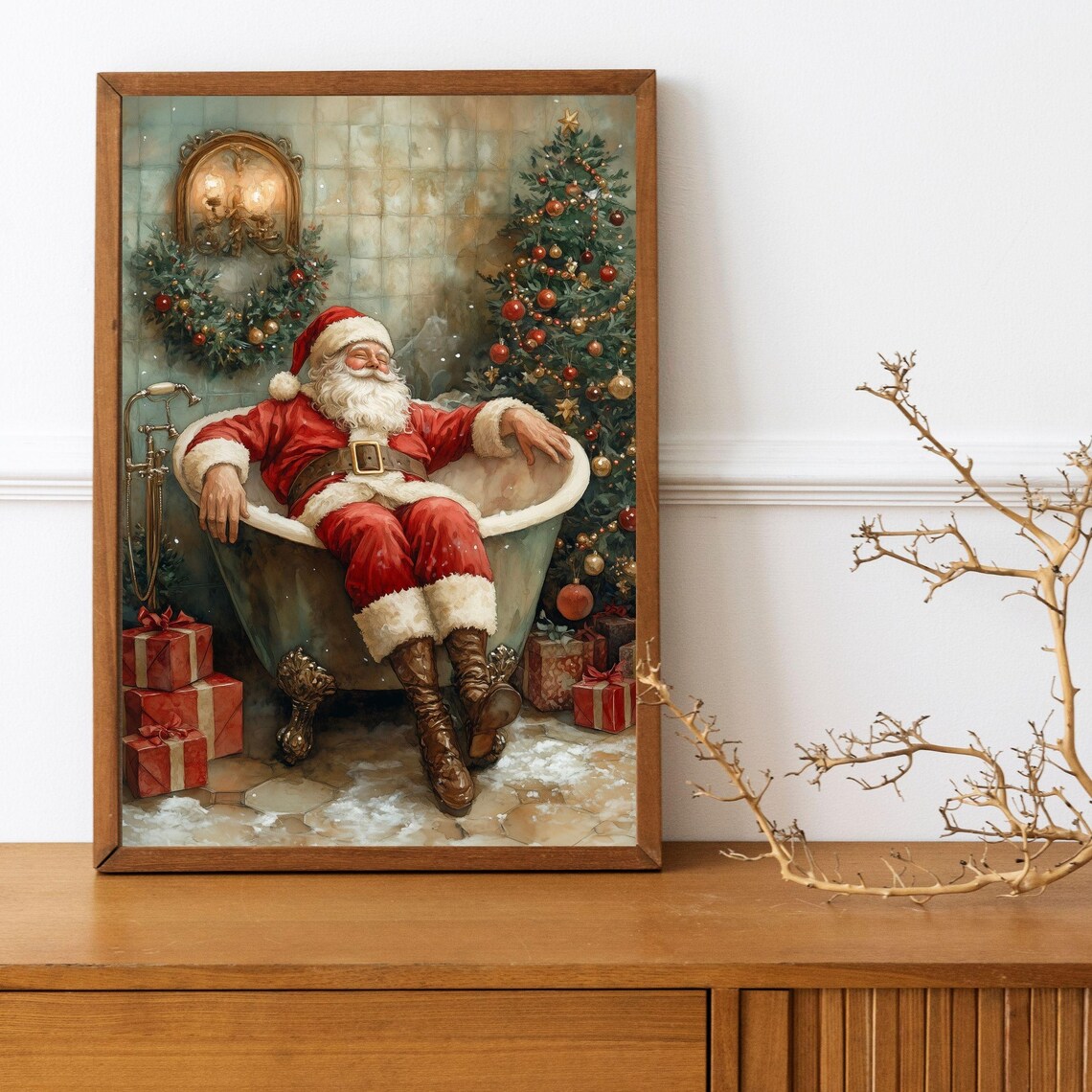 Vintage Santa Claus Wall Art Digital Download, Retro Christmas Bathtub ...