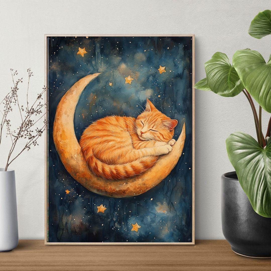 Sleeping Cat on Crescent Moon Digital File, Dreamy Night Sky Cat Art ...
