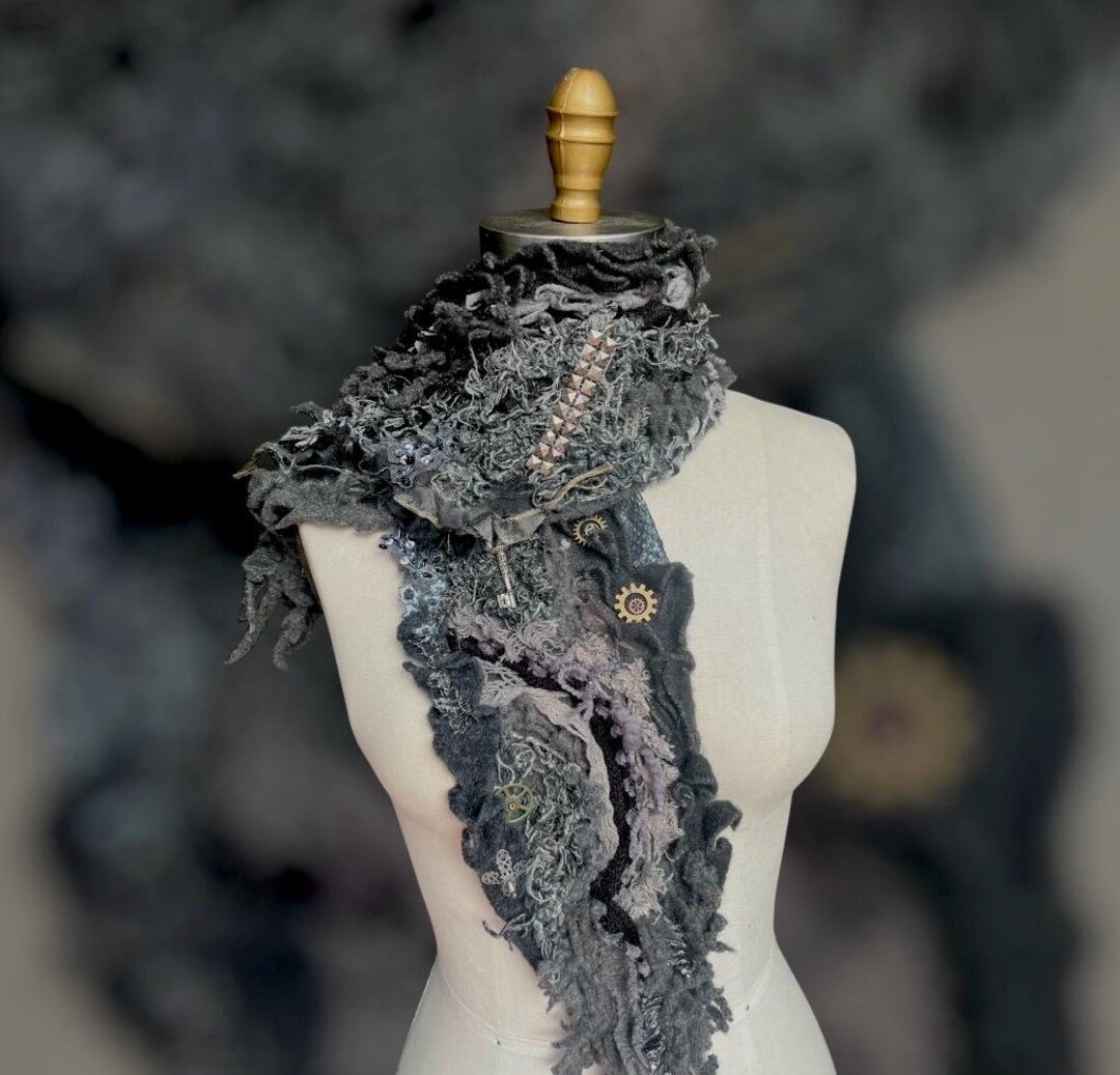 Steampunk Long Boho Wearable Art Scarf, Tattered Military Style Art to ...