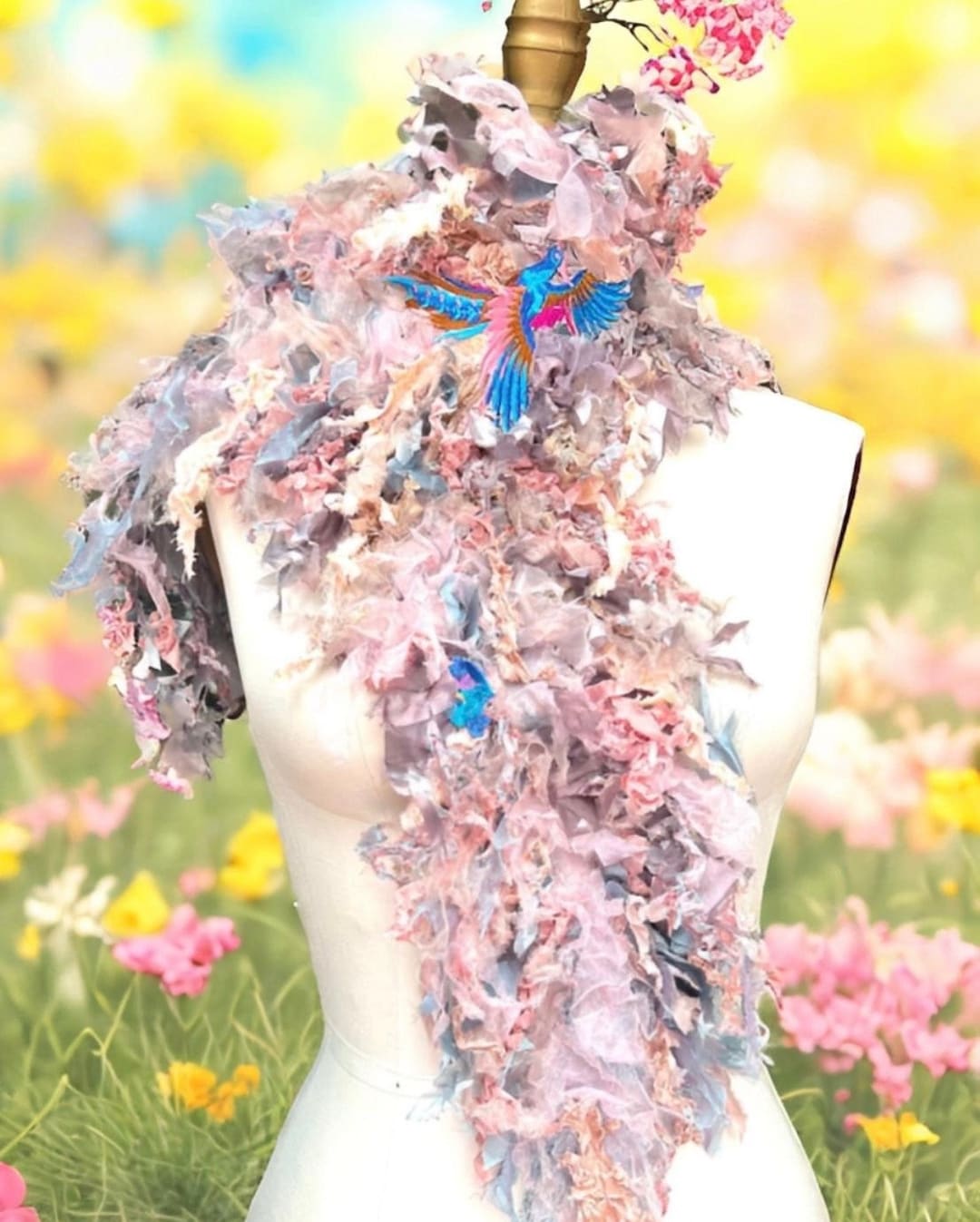 Boho Wearable Art Firebird SCARF, Fairy Fantasy Unique Long Floral Wrap ...