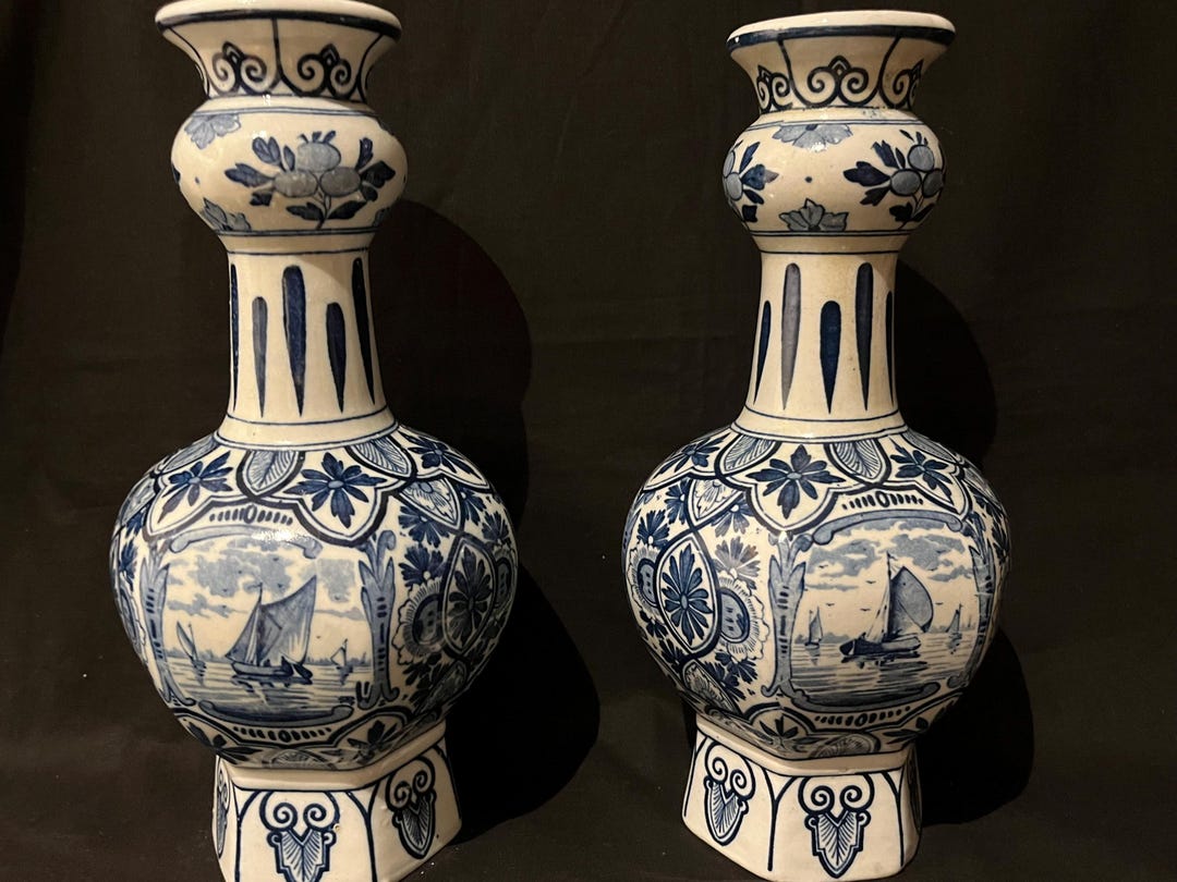 Old Set of 2 Knob Vases Dutch Delft With Windmills and Ships, Marked ...