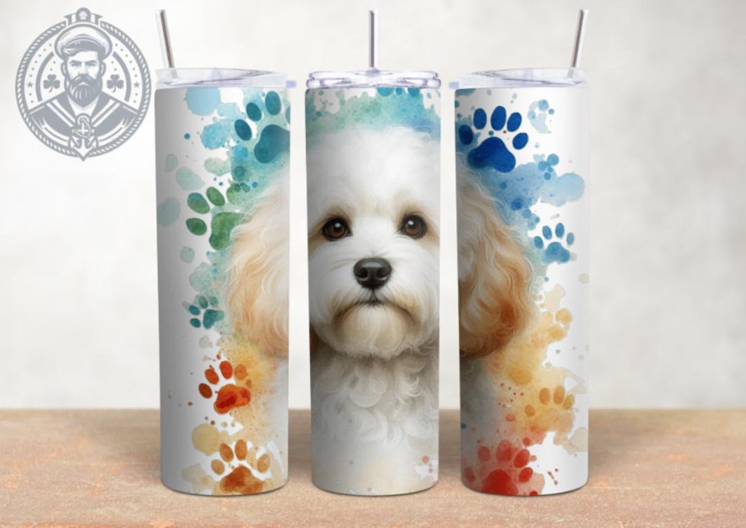 White Cavapoo Breed Dog Design, Paw Prints 20 Oz Skinny Tumbler Wrap ...