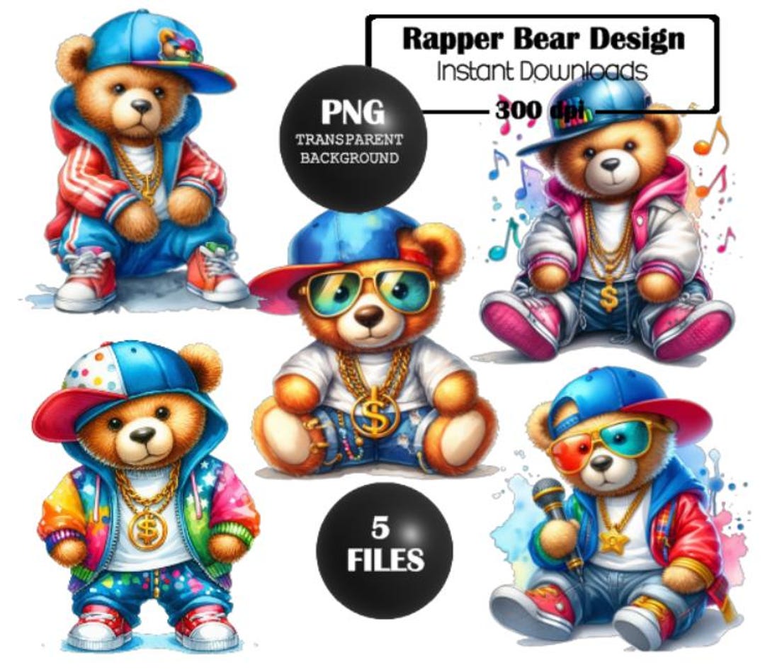 Set of 5 Cool Rapper Bear Clip Art, Rapper Bears, Sublimation Design ...