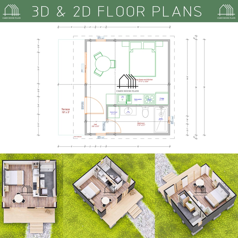 16' X 18' Cabin Plans, Tiny House Plan 300 SQFT, Small House Blueprints ...