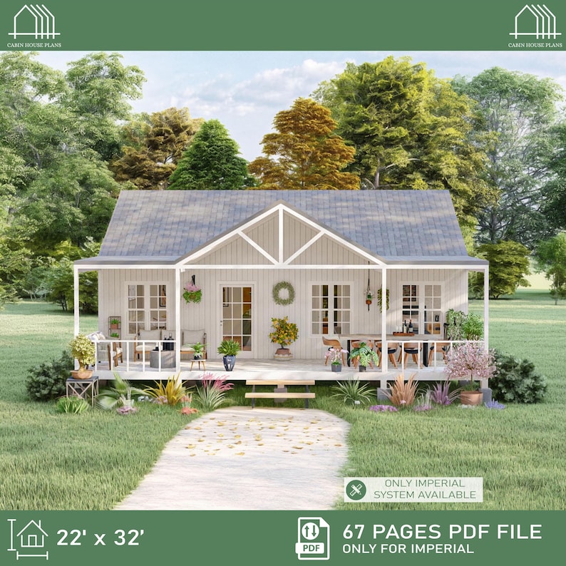 22' X 32' Farmhouse Cabin Plans, 700 SQFT Barndominium Plan, Tiny House ...