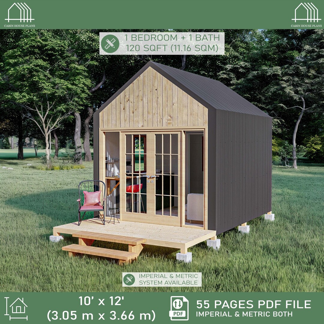 Tiny House Plan 10x12, Cabin DIY, Small House Plans, 1 Bedroom Cottage ...