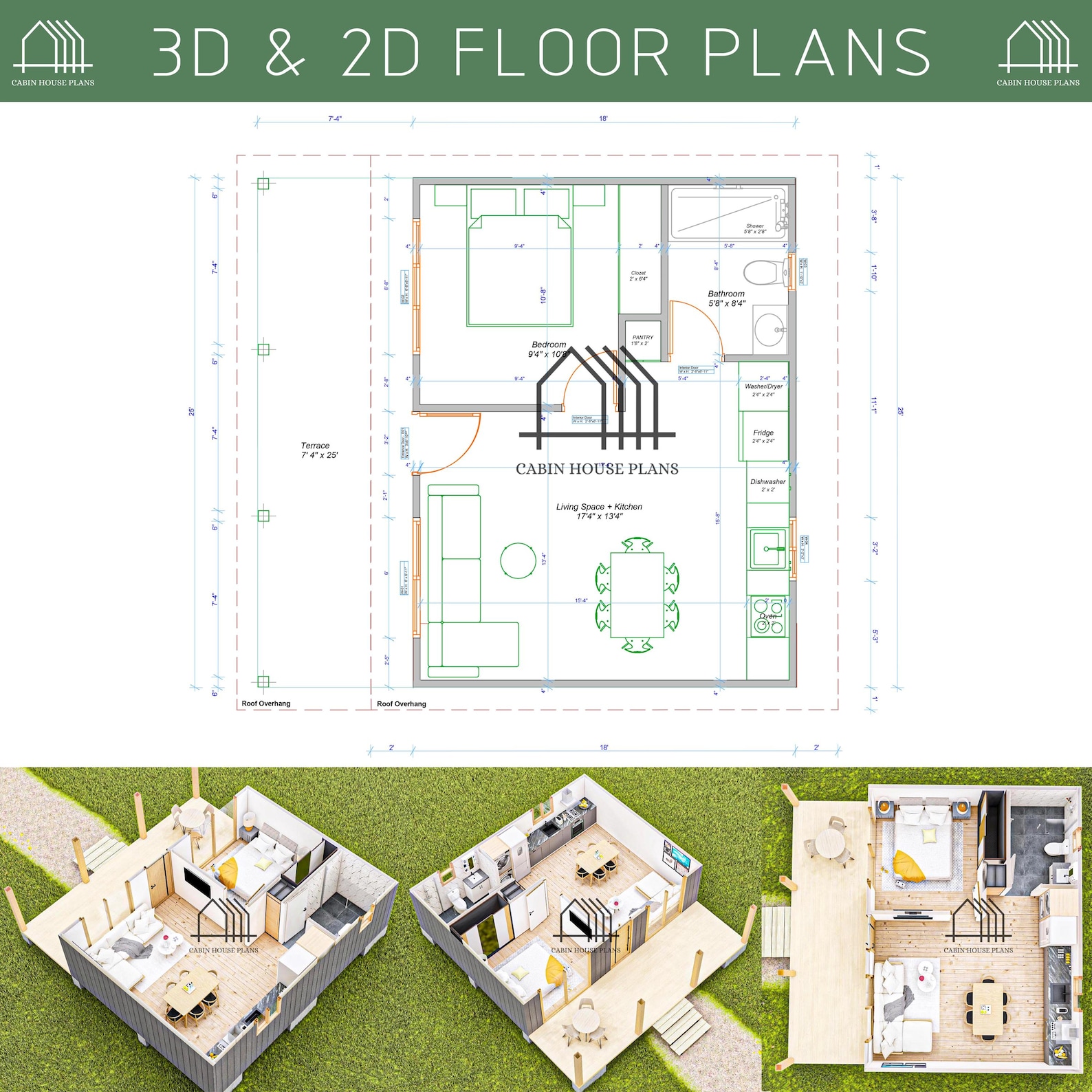 18x25 Cabin House Plans, 450 SF Small Cottage (digital Download) - Etsy