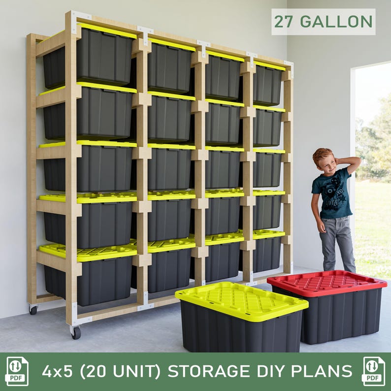 27 Gallon Tote Storage Rack Plans for 20 Bins (4x5), DIY Tote Rack ...